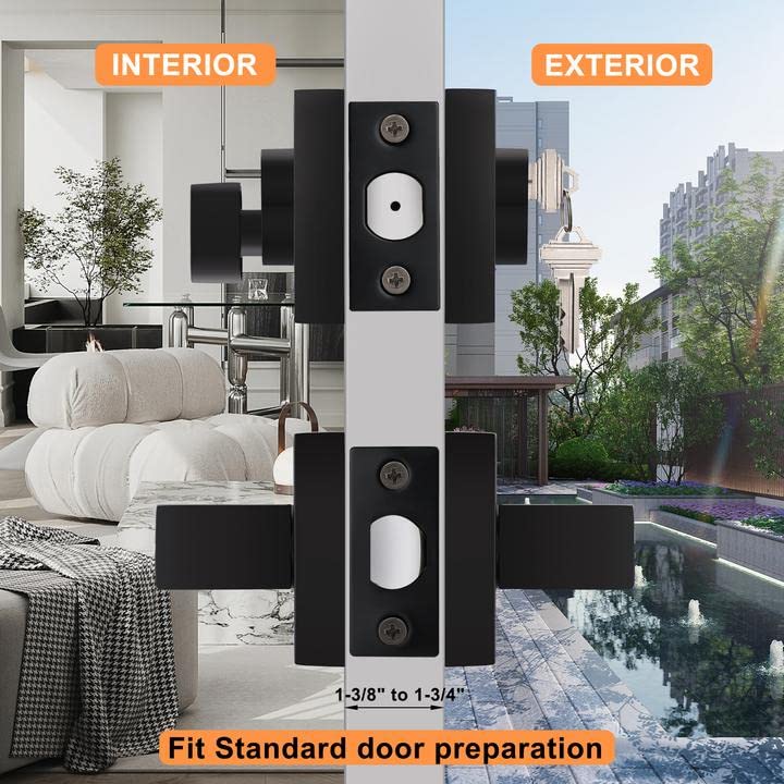 Probrico Flat Black Passage Door Lever with Single Cylinder Deadbolts Combo Pack, Modern Square Lock Set Handleset,Exterior Door Handle and Deadbolts Set,Exterior Door Lever Passage 2 Pack