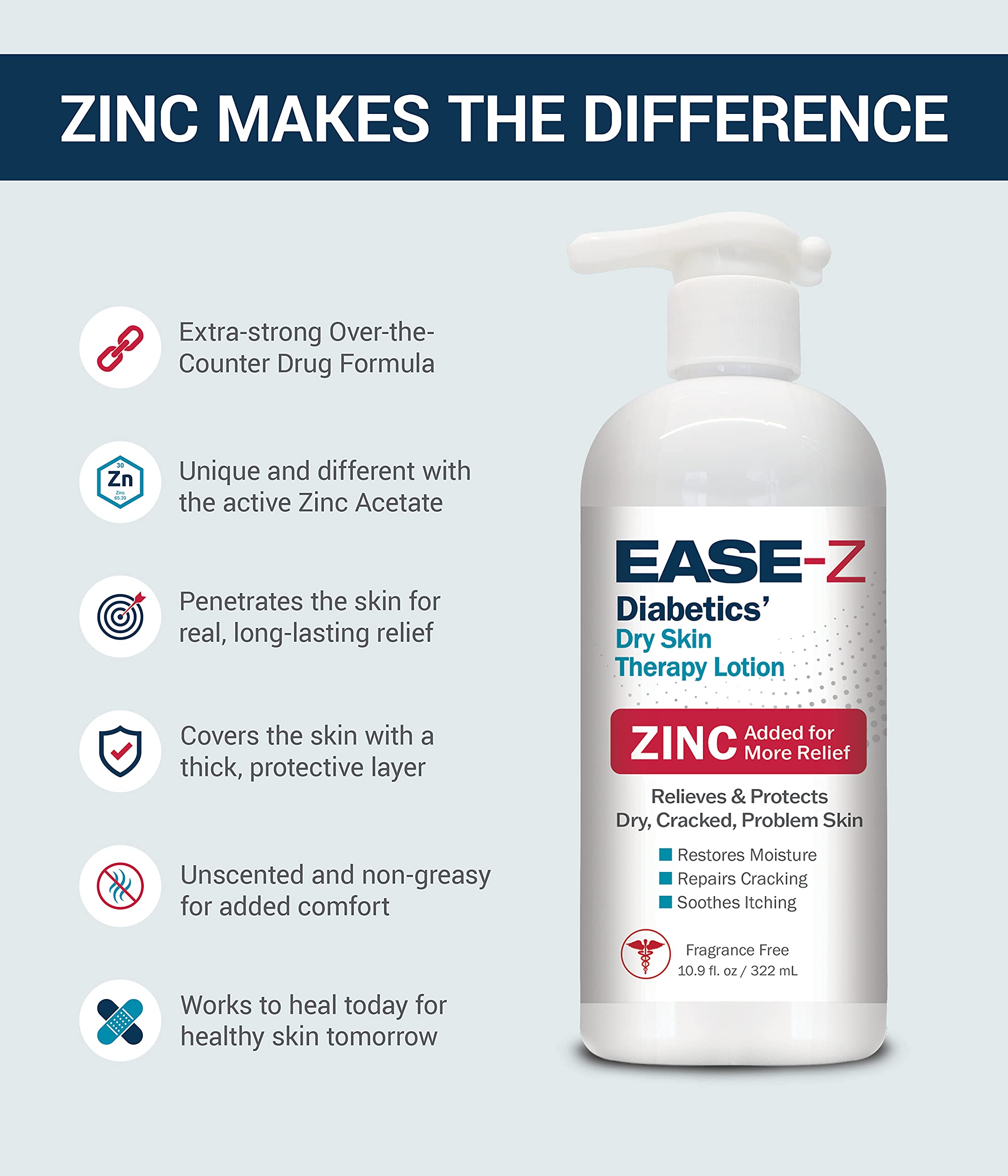 EASE-Z Diabetic Lotion for Dry Skin. Clinically Proven ingredients and ZINC relieve dryness, reduce redness, and calm itching. With Shea Butter. Fast-Acting, Long-Lasting. 10.9 oz