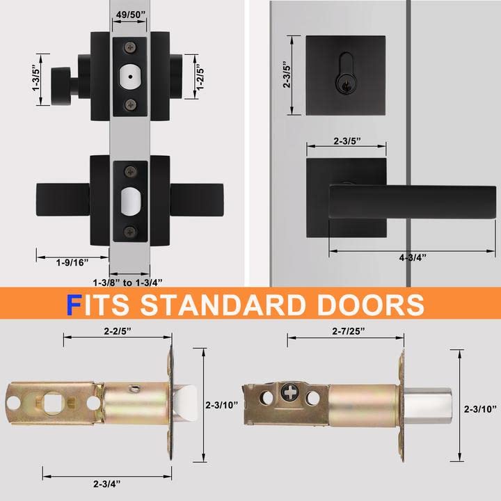 Probrico Flat Black Passage Door Lever with Single Cylinder Deadbolts Combo Pack, Modern Square Lock Set Handleset,Exterior Door Handle and Deadbolts Set,Exterior Door Lever Passage 2 Pack