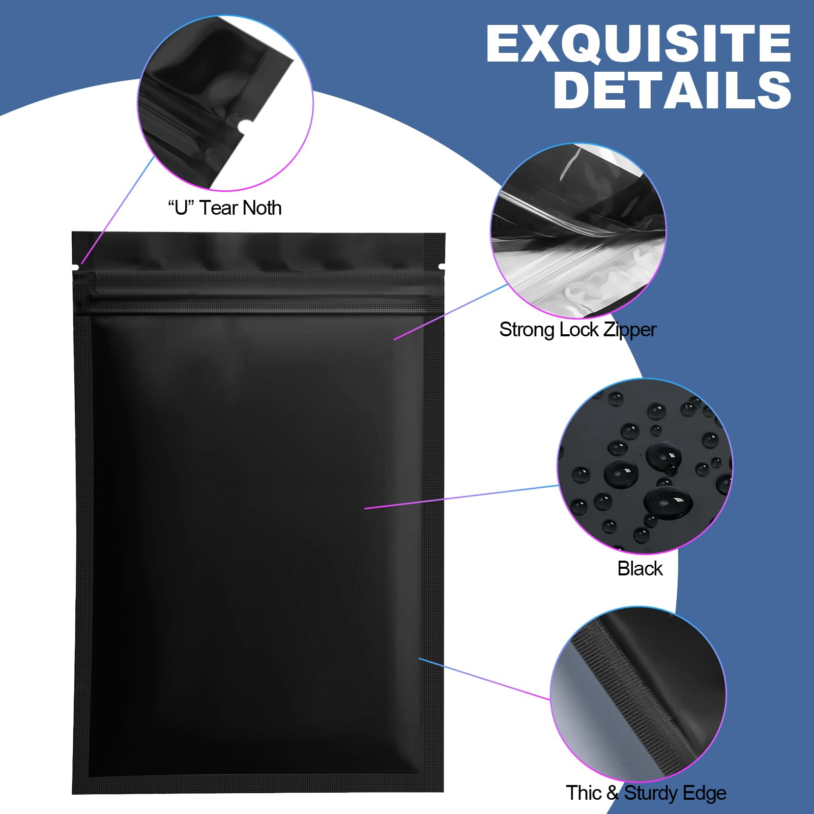 NIKUY 100 Pack Smell Proof Mylar Bags for Food Storage - 3 x 4.5 Inch Resealable Packaging Pouch Bags Matte Black