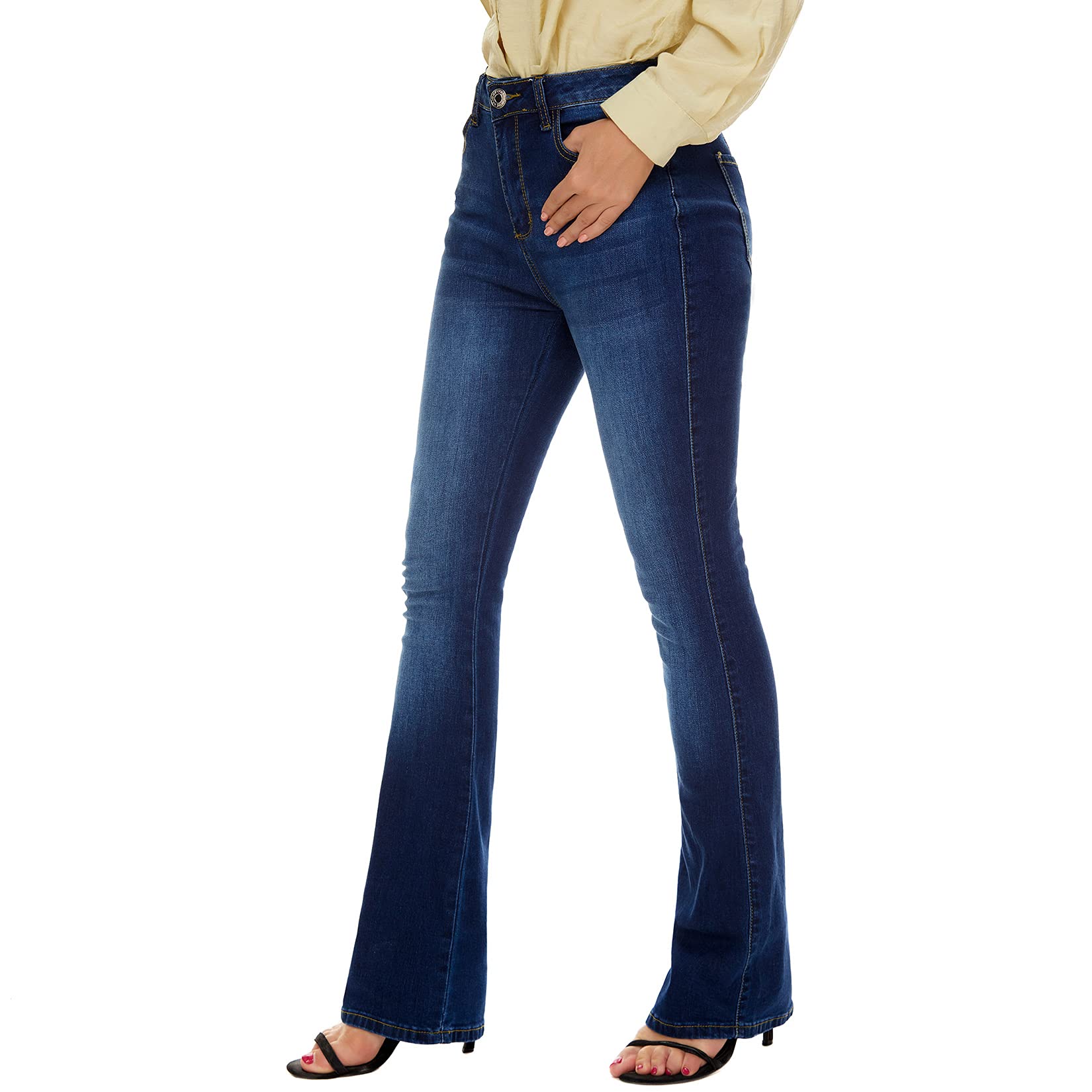 VIPONES Jeans for Curvy Women High Rise Bell Bottom Dark Blue Jeans(109,Size 8)