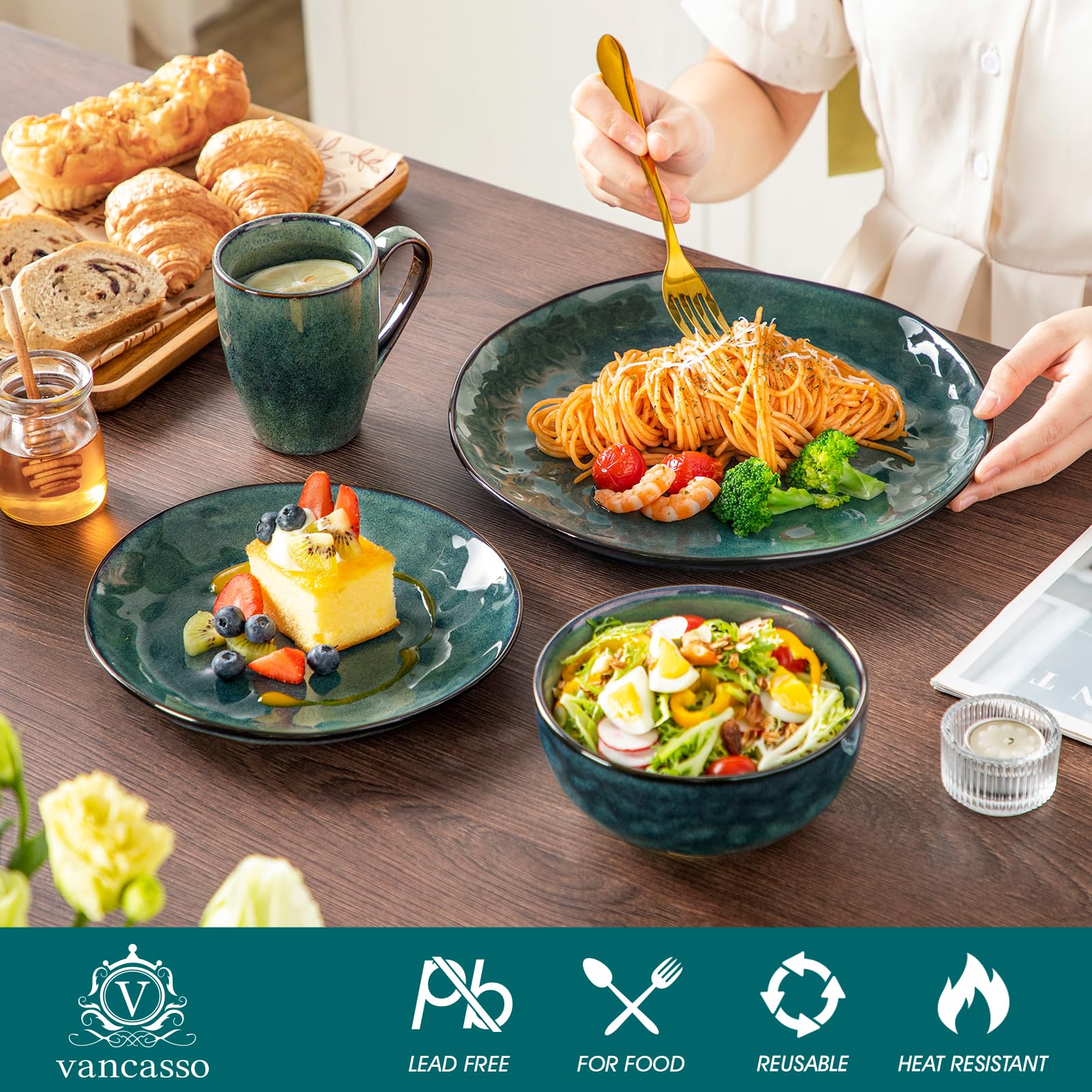 vancasso Starry 16 Pieces Green Dinnerware Set, Reactive Change Glaze Dinner Set, Plates and Bowls Set