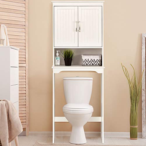 Giantex Over The Toilet Bathroom Space Saver Free Standing Toilet Rack with Adjustable Inner Shelf, Open Shelf and Double Doors 3-Shelf Bathroom Organizer, White