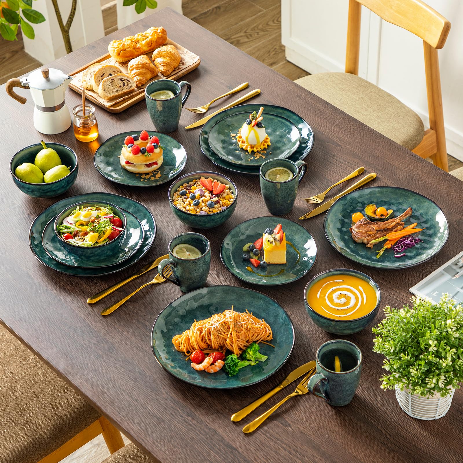 vancasso Starry 16 Pieces Green Dinnerware Set, Reactive Change Glaze Dinner Set, Plates and Bowls Set