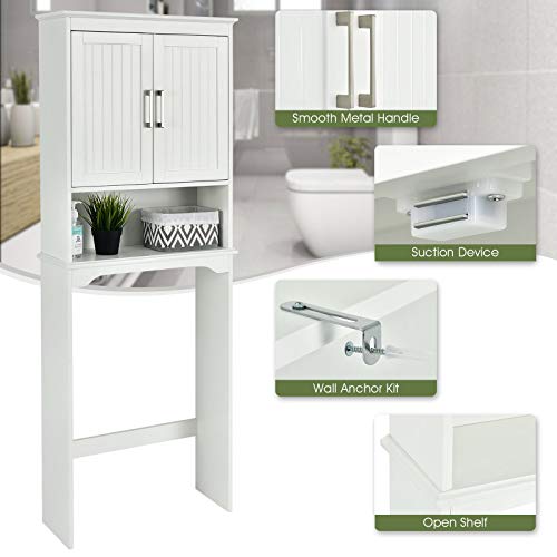 Giantex Over The Toilet Bathroom Space Saver Free Standing Toilet Rack with Adjustable Inner Shelf, Open Shelf and Double Doors 3-Shelf Bathroom Organizer, White