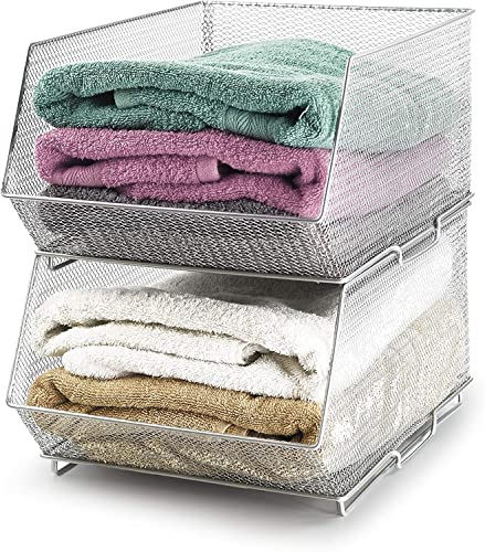 Mesh Stacking Bin Silver (Sold As 1 Bin) Storage Containers Great for Food, Crafts, Cleaning or Pantry Items 1613 (Large 15x11x8)