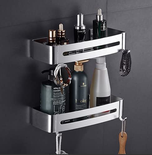 Capricorn Stars Punch-free 2-Pack Shower Rrack Organizer with 4 Hooks Stainless Steel Shampoo Holder Shower Shelf(L12,W4.7,H1.8), Silver