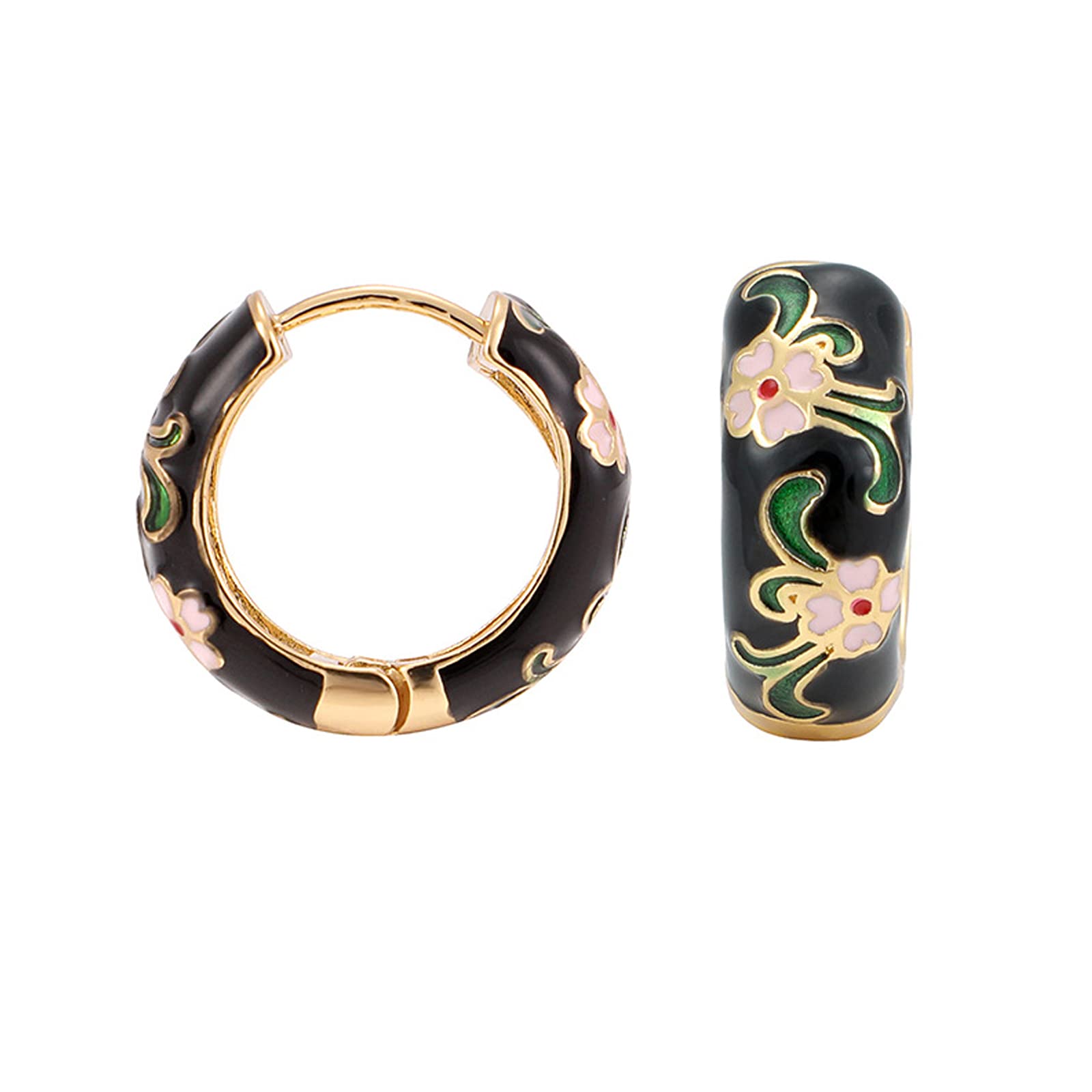 Vintage Enamel Flower Small Hoop Earrings, Retro Japanese Style Flowers Ear Clip-on for Women Delicate Jewelry-black
