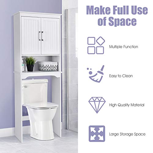 Giantex Over The Toilet Bathroom Space Saver Free Standing Toilet Rack with Adjustable Inner Shelf, Open Shelf and Double Doors 3-Shelf Bathroom Organizer, White