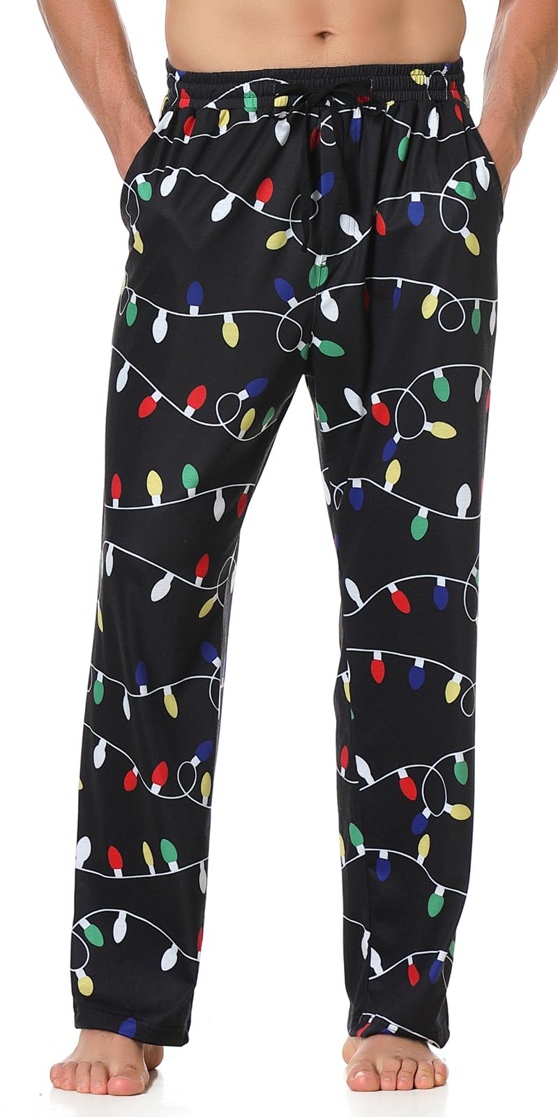 MERIABNY Mens Christmas Pajama Pants Christmas Pjs Black Colorful Lights Xmas Holiday Sleepwear Jammies for Lounging Sleeping, Medium