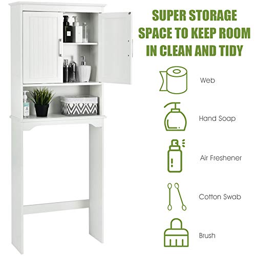 Giantex Over The Toilet Bathroom Space Saver Free Standing Toilet Rack with Adjustable Inner Shelf, Open Shelf and Double Doors 3-Shelf Bathroom Organizer, White