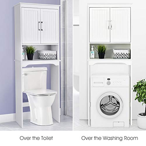 Giantex Over The Toilet Bathroom Space Saver Free Standing Toilet Rack with Adjustable Inner Shelf, Open Shelf and Double Doors 3-Shelf Bathroom Organizer, White