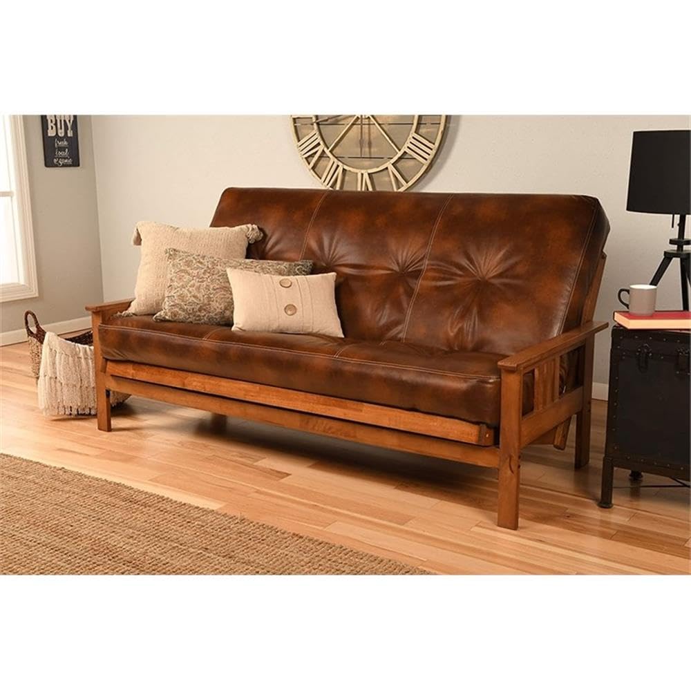 Pemberly Row 75" Traditional Full-Size Faux Leather Futon Mattress with Hinged Innerspring, Foam Construction, in Saddle Brown Finish, Frame Not Included