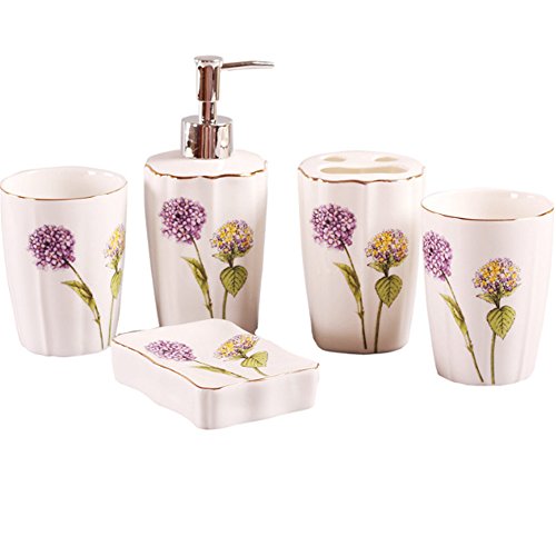 JruF Dandelion Love Ceramic 5 Piece Set Of Bathroom Accessories, Including Decorative Countertop Soap Box, Toothbrush Holder, Tumbler, Lotion Dispenser, Gift Box (Purple)