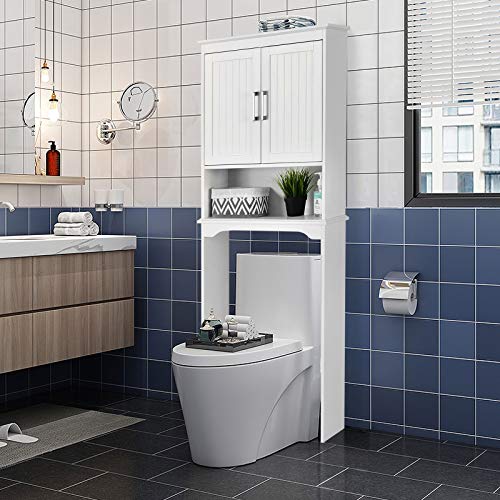 Giantex Over The Toilet Bathroom Space Saver Free Standing Toilet Rack with Adjustable Inner Shelf, Open Shelf and Double Doors 3-Shelf Bathroom Organizer, White