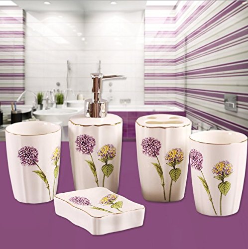 JruF Dandelion Love Ceramic 5 Piece Set Of Bathroom Accessories, Including Decorative Countertop Soap Box, Toothbrush Holder, Tumbler, Lotion Dispenser, Gift Box (Purple)