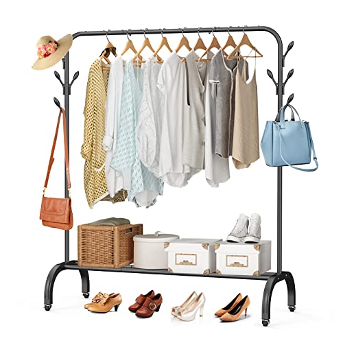 HILI Clothing Garment Rack with Wheels, Metal Clothes Stand Rack with Shoe Storage Rod, Sturdy Steel Frame Coat Rack for Indoor, Laundry, Bedroom(Black) (HY0006)