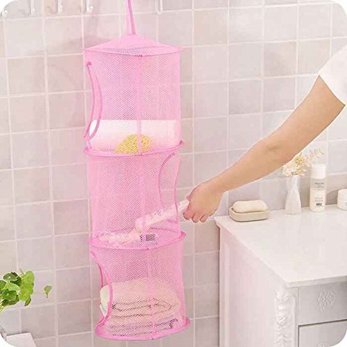 ChezMax Hanging Mesh Storage Organizer Foldable Space Saver Bags Toy Storage Basket for Kids Room Bathroom Wardrobe Wall Balcony 3 Compartments, 2 Pack
