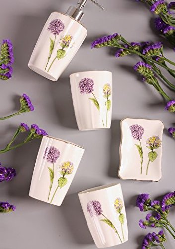 JruF Dandelion Love Ceramic 5 Piece Set Of Bathroom Accessories, Including Decorative Countertop Soap Box, Toothbrush Holder, Tumbler, Lotion Dispenser, Gift Box (Purple)