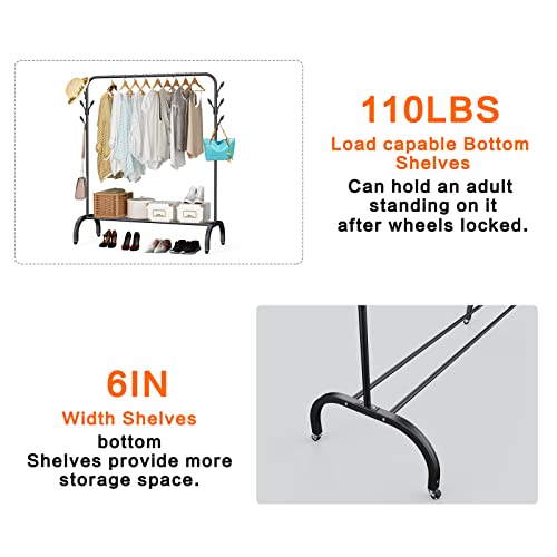 HILI Clothing Garment Rack with Wheels, Metal Clothes Stand Rack with Shoe Storage Rod, Sturdy Steel Frame Coat Rack for Indoor, Laundry, Bedroom(Black) (HY0006)
