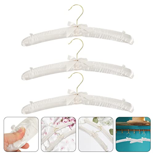 VOSAREA 3pcs Satin Padded Hangers Covered Coat Hangers Wedding Bridal Bride Hanger with Non-Slip Buttons for Strappy Dresses White