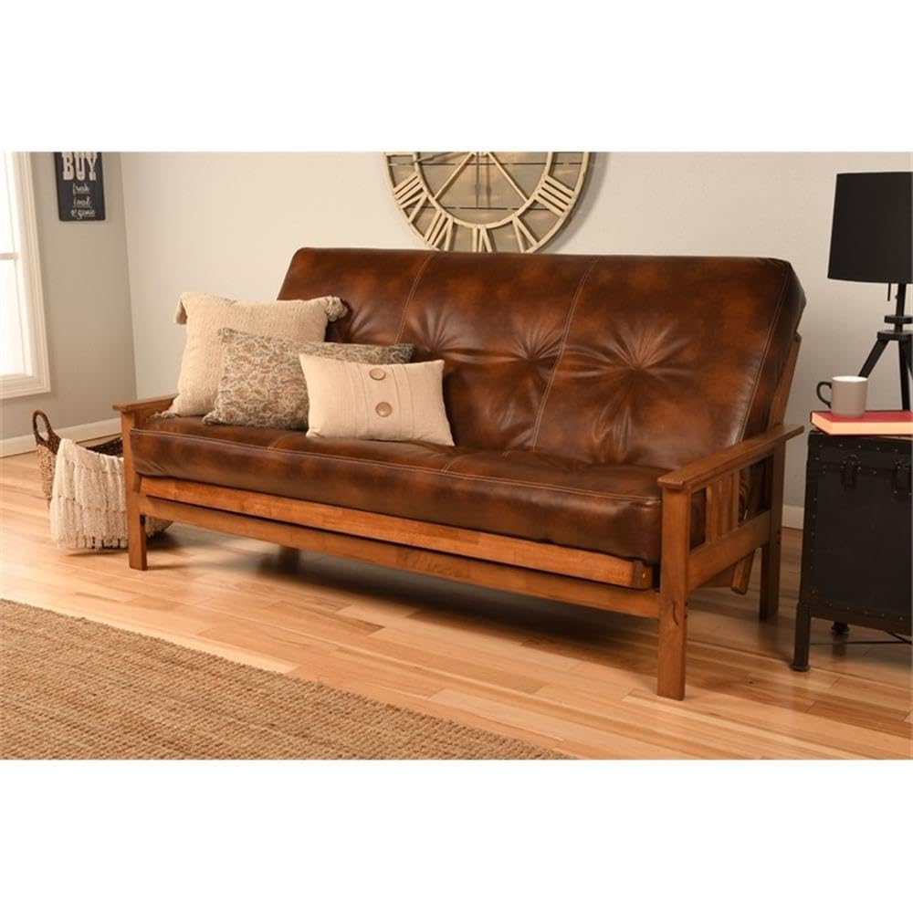 Pemberly Row 75" Traditional Full-Size Faux Leather Futon Mattress with Hinged Innerspring, Foam Construction, in Saddle Brown Finish, Frame Not Included