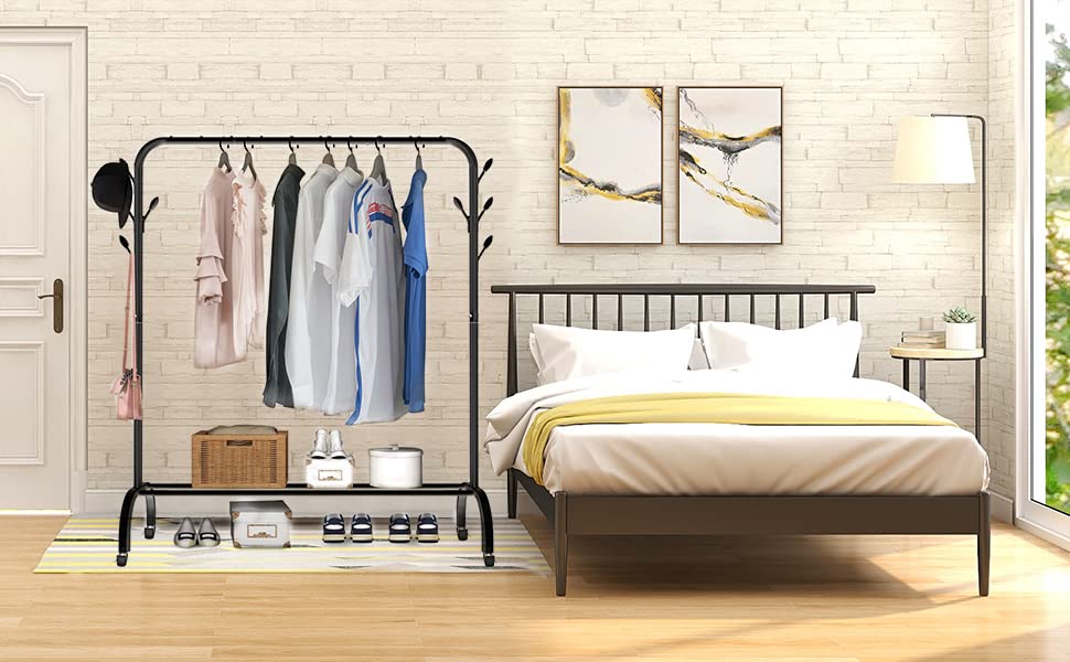 HILI Clothing Garment Rack with Wheels, Metal Clothes Stand Rack with Shoe Storage Rod, Sturdy Steel Frame Coat Rack for Indoor, Laundry, Bedroom(Black) (HY0006)
