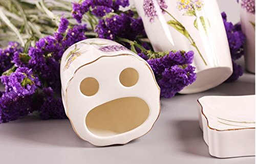 JruF Dandelion Love Ceramic 5 Piece Set Of Bathroom Accessories, Including Decorative Countertop Soap Box, Toothbrush Holder, Tumbler, Lotion Dispenser, Gift Box (Purple)