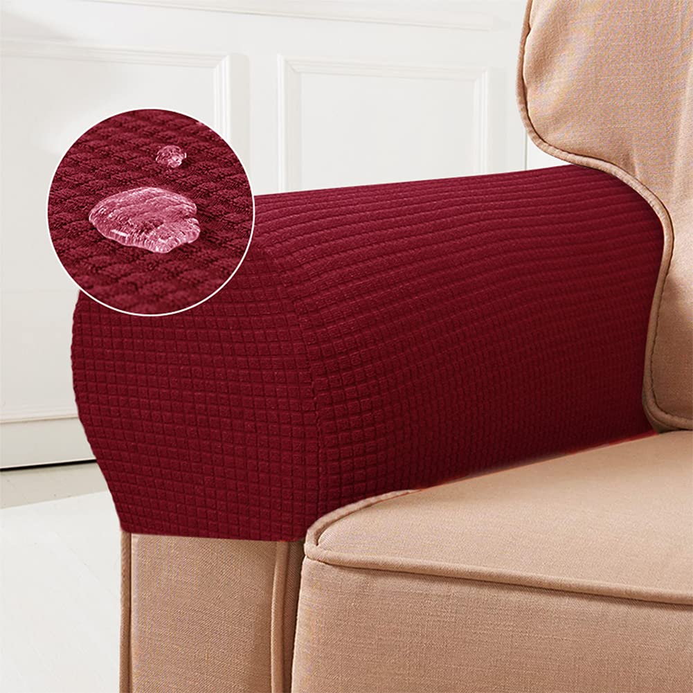 LVOERTUIG Stretch Armrest Covers Armchair Slipcovers,2pcs Waterproof Polyester Sofa Armrest Covers,Washable Armchair Slipcover Arm Cover Furniture Protector for Sofa Chair Recliner(Wine Red)