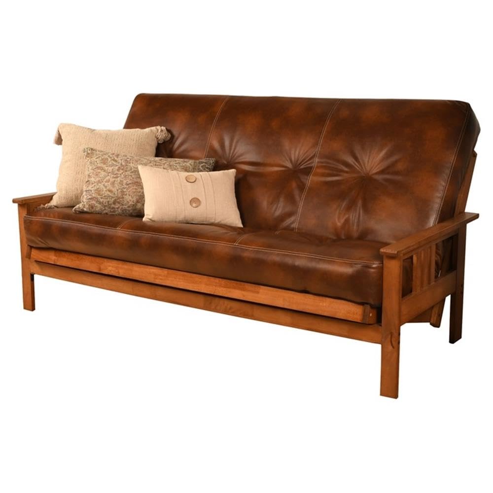 Pemberly Row 75" Traditional Full-Size Faux Leather Futon Mattress with Hinged Innerspring, Foam Construction, in Saddle Brown Finish, Frame Not Included