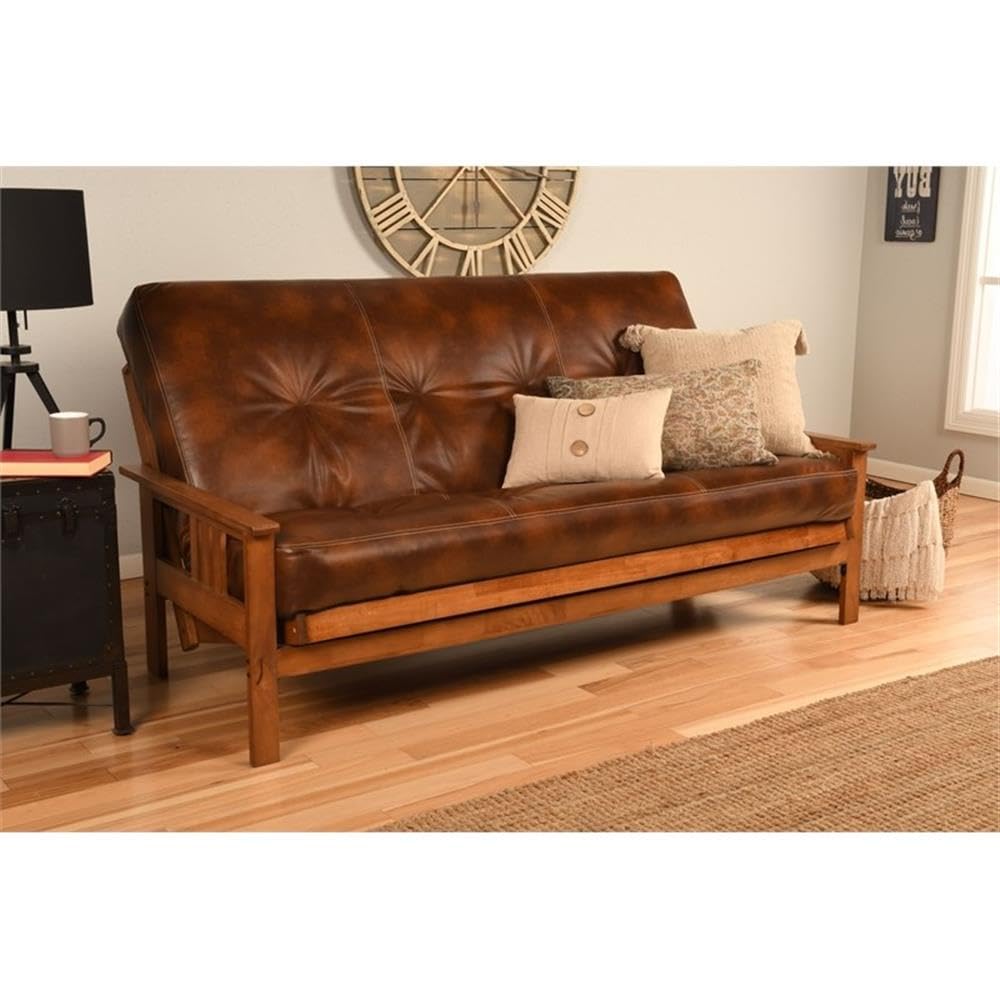 Pemberly Row 75" Traditional Full-Size Faux Leather Futon Mattress with Hinged Innerspring, Foam Construction, in Saddle Brown Finish, Frame Not Included