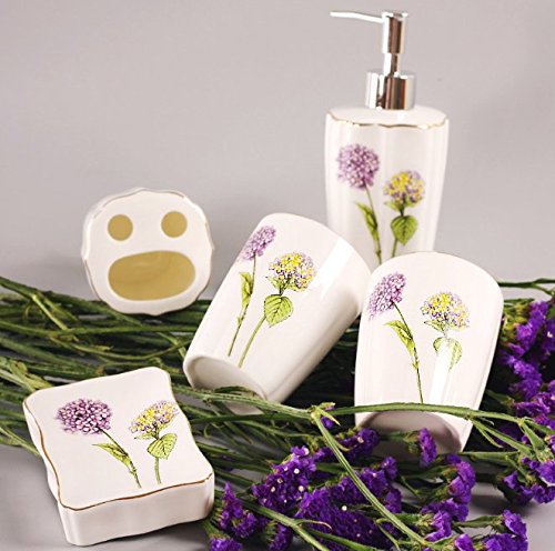 JruF Dandelion Love Ceramic 5 Piece Set Of Bathroom Accessories, Including Decorative Countertop Soap Box, Toothbrush Holder, Tumbler, Lotion Dispenser, Gift Box (Purple)