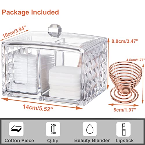TocTen Qtip Holder Dispenser for Cotton Ball, Cotton Swab, Cotton Round Pads Jar, 3-Grid Bathroom Canister with Lid Thicken Acrylic Plastic Make Up Organizer, Extra Sponge Blender Holder Includ