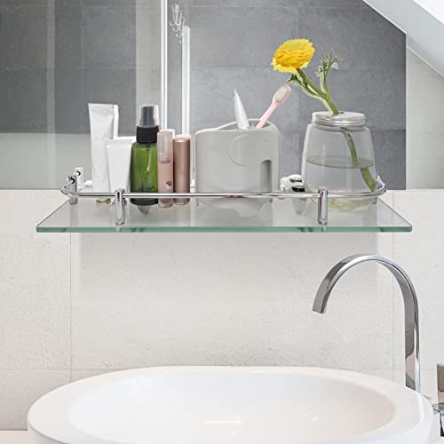VASUHOME 2 Tier Bathroom Glass Shelves, Tempered Glass Bathroom Wall Organizer with Silver Guardrail, and 2 Metal Hooks - Wall Mounted Rectangular Shelves for Storage and Display