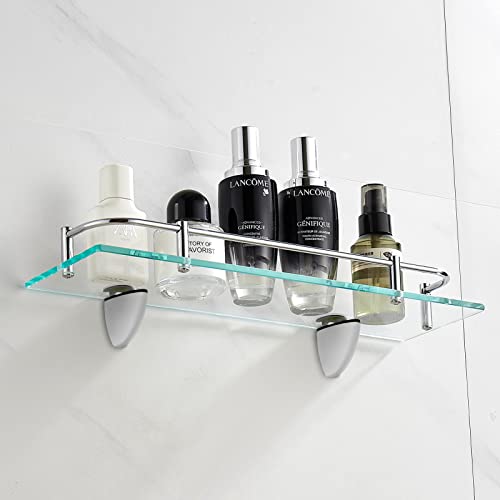 VASUHOME 2 Tier Bathroom Glass Shelves, Tempered Glass Bathroom Wall Organizer with Silver Guardrail, and 2 Metal Hooks - Wall Mounted Rectangular Shelves for Storage and Display