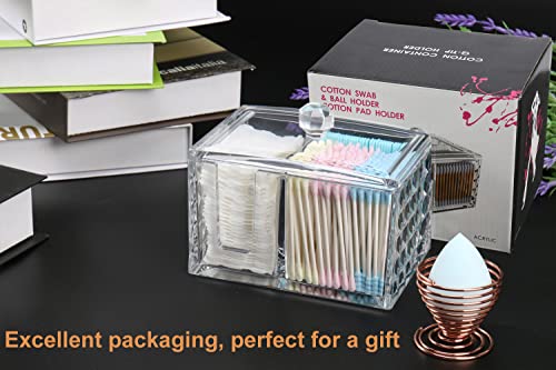 TocTen Qtip Holder Dispenser for Cotton Ball, Cotton Swab, Cotton Round Pads Jar, 3-Grid Bathroom Canister with Lid Thicken Acrylic Plastic Make Up Organizer, Extra Sponge Blender Holder Includ