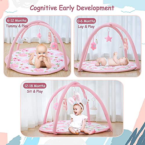 Baby Gym Infant Play Mat for Newborn Toddler Activity Gym Baby Play Gym with 5 Toys, Thicker Mat Washable