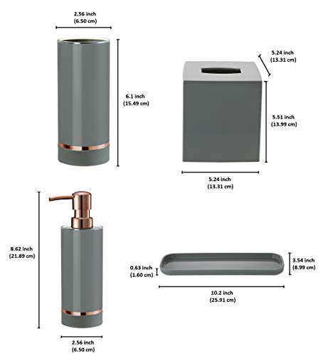 Bathroom Accessories - Set of 4 Includes Decorative Soap Lotion Dispenser, Tumbler, Tissue Box, Tray for Modern Farmhouse Bath Decor Kitchen Countertop Organizer Housewarming Gift - Grey