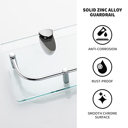 VASUHOME 2 Tier Bathroom Glass Shelves, Tempered Glass Bathroom Wall Organizer with Silver Guardrail, and 2 Metal Hooks - Wall Mounted Rectangular Shelves for Storage and Display