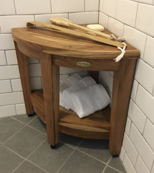 EcoDecors Snazzy Corner Teak Shower Corner Stool 2-Tier Wood Corner Shower Seat Spa Bench with Shelf,18 Inch Corner Stool For Shower in Earthy Teak Finish