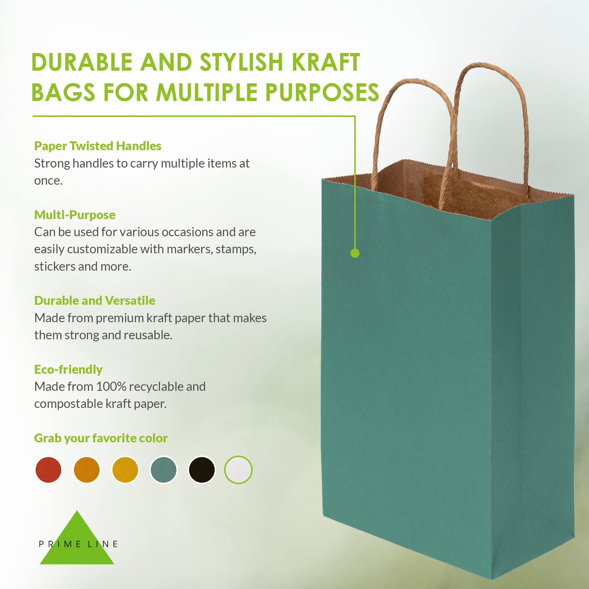 Prime Line Packaging 6x3x9 50 Pack Green Small Gift Bags with Handles, Kraft Colored Paper Bags, Recycled Bags, Items for Wedding Welcome Bags, Bulk