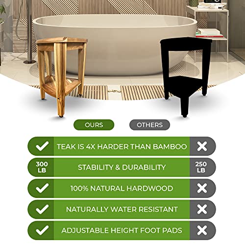 EcoDecors Snazzy Corner Teak Shower Corner Stool 2-Tier Wood Corner Shower Seat Spa Bench with Shelf,18 Inch Corner Stool For Shower in Earthy Teak Finish