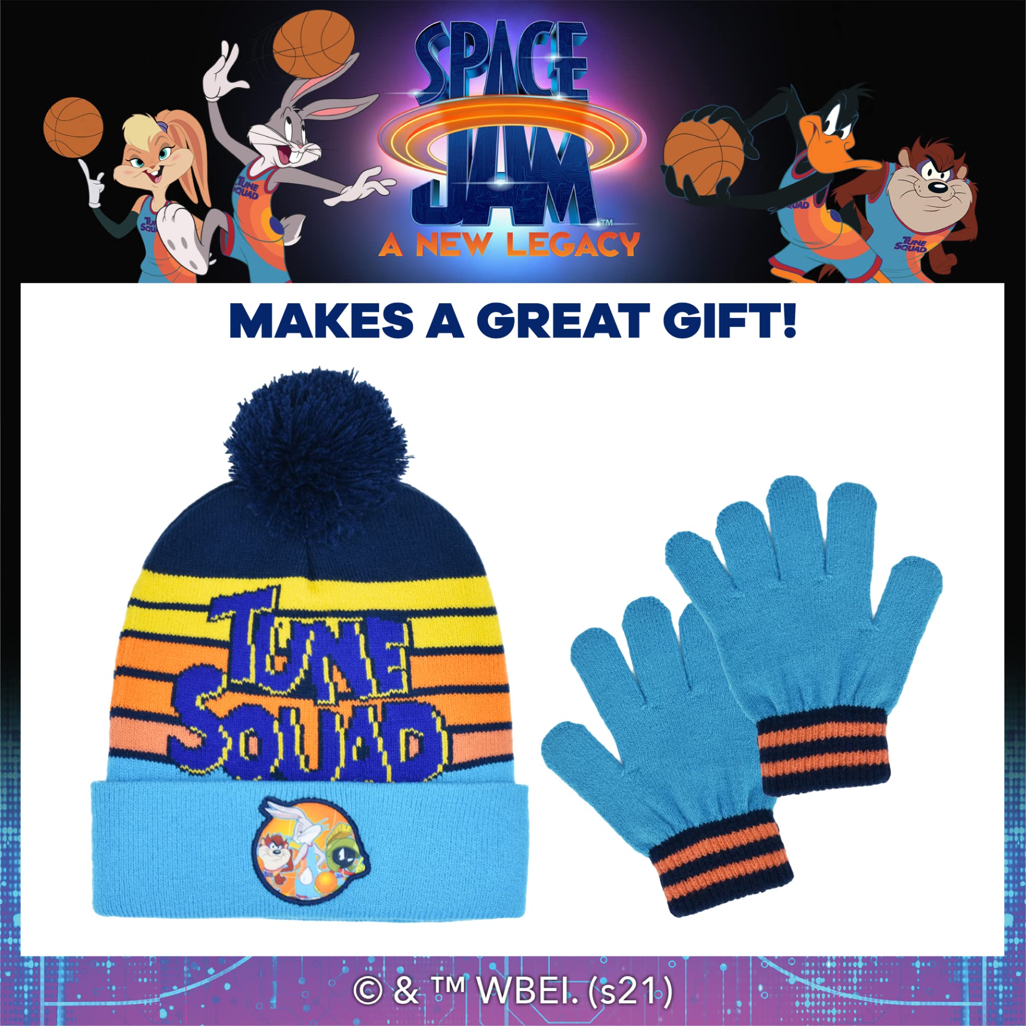 Concept One Space Jam A New Legacy Tune Squad Kids Pom Cuffed Beanie Hat and Gloves Set, Blue, One Size