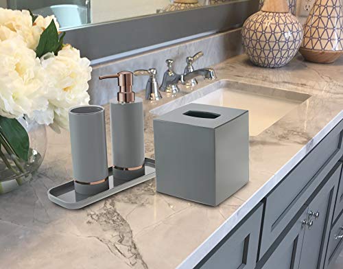 Bathroom Accessories - Set of 4 Includes Decorative Soap Lotion Dispenser, Tumbler, Tissue Box, Tray for Modern Farmhouse Bath Decor Kitchen Countertop Organizer Housewarming Gift - Grey