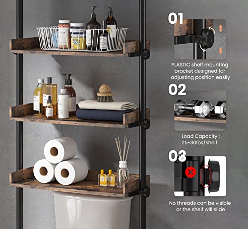 ALLZONE Bathroom Organizer, Over The Toilet Storage, 4-Tier Adjustable Wood Shelves for Small Rooms, Saver Space Rack, 92 to 116 Inch Tall, Narrow Cabinet, Rustic Brown