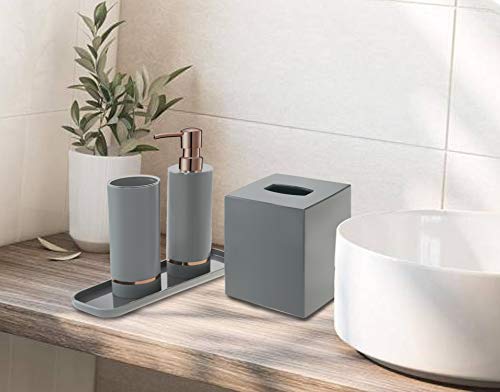 Bathroom Accessories - Set of 4 Includes Decorative Soap Lotion Dispenser, Tumbler, Tissue Box, Tray for Modern Farmhouse Bath Decor Kitchen Countertop Organizer Housewarming Gift - Grey