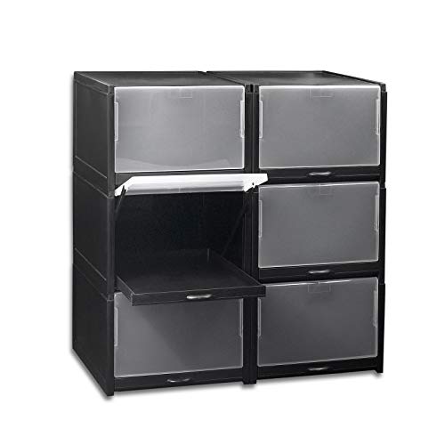 AJP Distributors 6-Pack Push-Pull Drawer Type Stackable Shoe Storage Container Box Organizer with 120° Lids for Home Closet & Entryway Sneakers Shoes Cabinet Bins Transparent Plastic Boxes Set (Black)