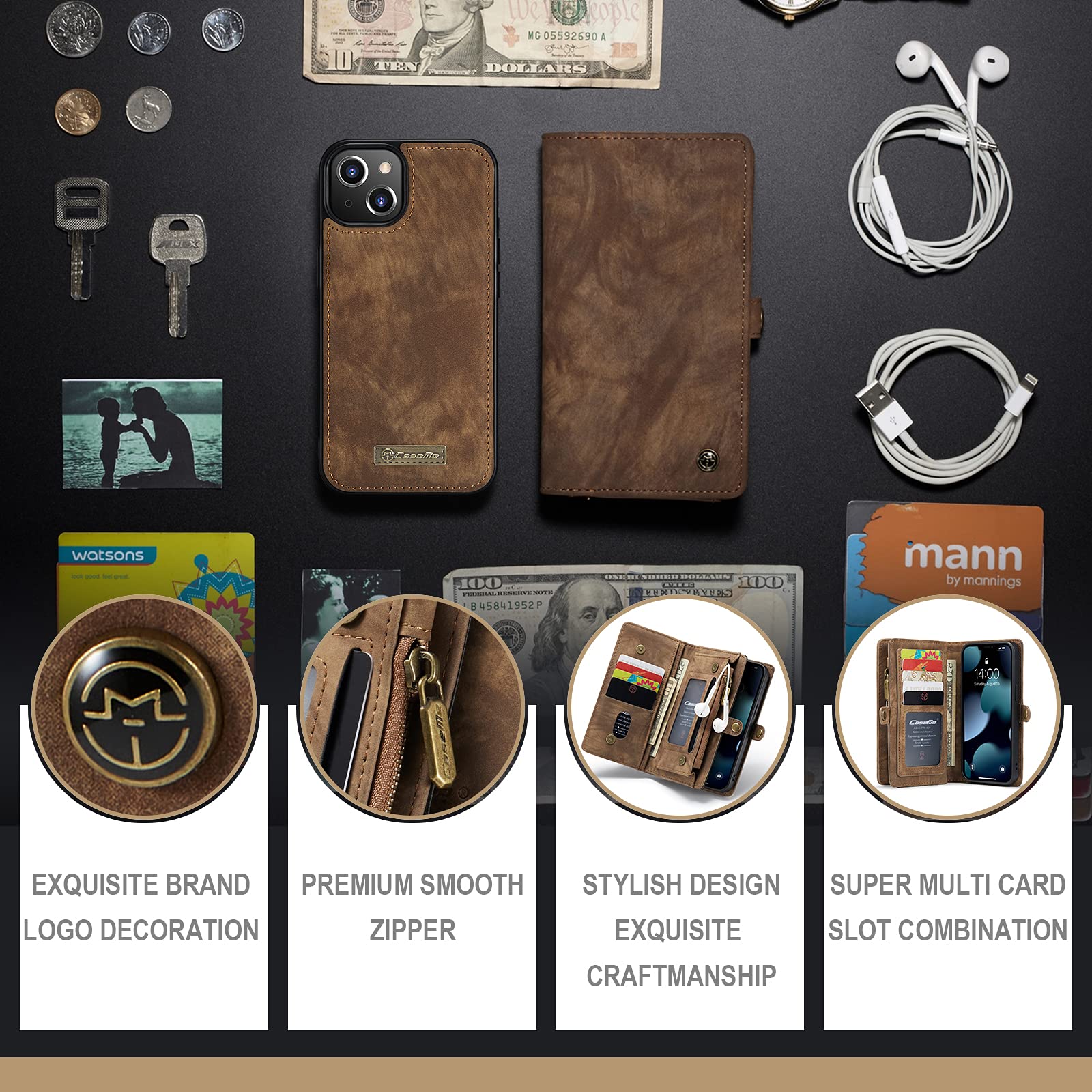 SZHAIYU Wallet Case Compatible with iPhone 13 Mini Cover with Card Holder Leather Flip Retro 2 in 1 Detachable Magnetic Zipper Pocket Thin Phone Cases 5.4' (Brown)