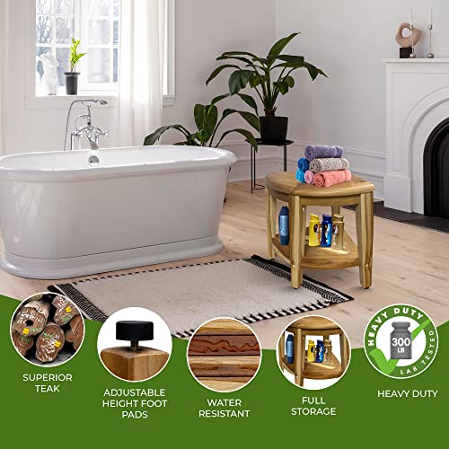 EcoDecors Snazzy Corner Teak Shower Corner Stool 2-Tier Wood Corner Shower Seat Spa Bench with Shelf,18 Inch Corner Stool For Shower in Earthy Teak Finish