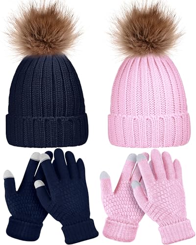 4 Pieces Winter Hat and Gloves Set Women Beanie Hat Gloves Skull Cap Touchscreen Gloves for Women Girl Lady Couple (Navy Blue, Pinkish Pink)